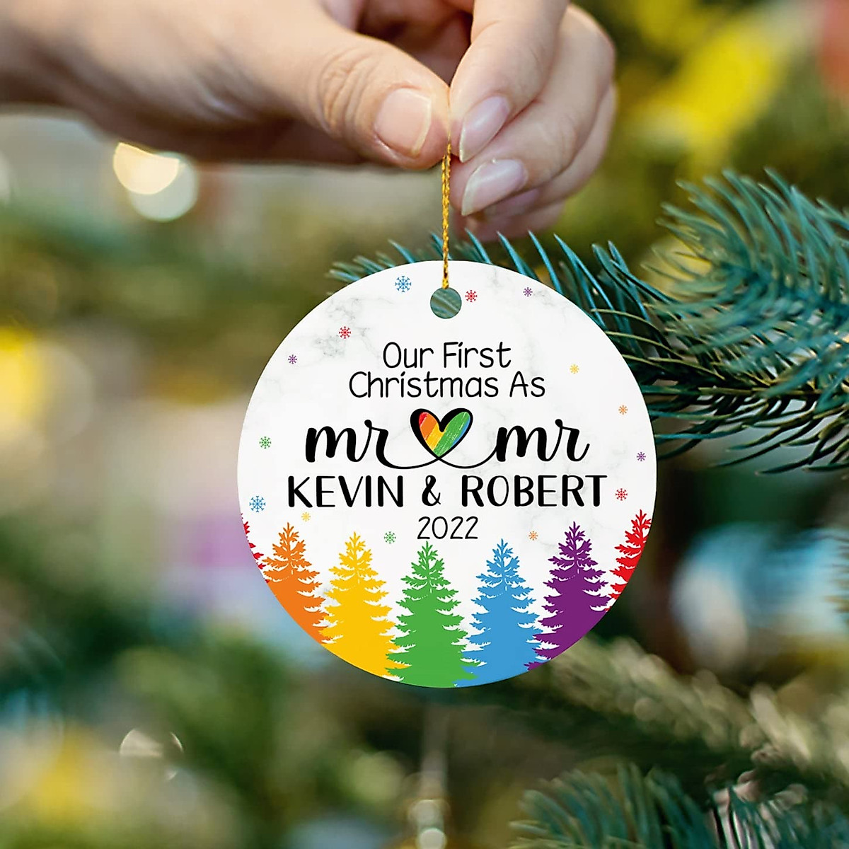 Personalized Gay Pride LGBT Christmas Tree Rainbow Ornament, Our First Christmas As Mr & Mr Ornament Gift for Couple Gay LGBT Newlywed Wedding, Custom Names Couple Gay 1st Xmas As Mr & Mr Ornament