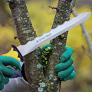 BaiCarre Stainless Steel Garden Knife with Yellow New Handle, 7.8" Double Side Utility Sod Cutter Lawn Repair Garden Knife with Nylon Sheath