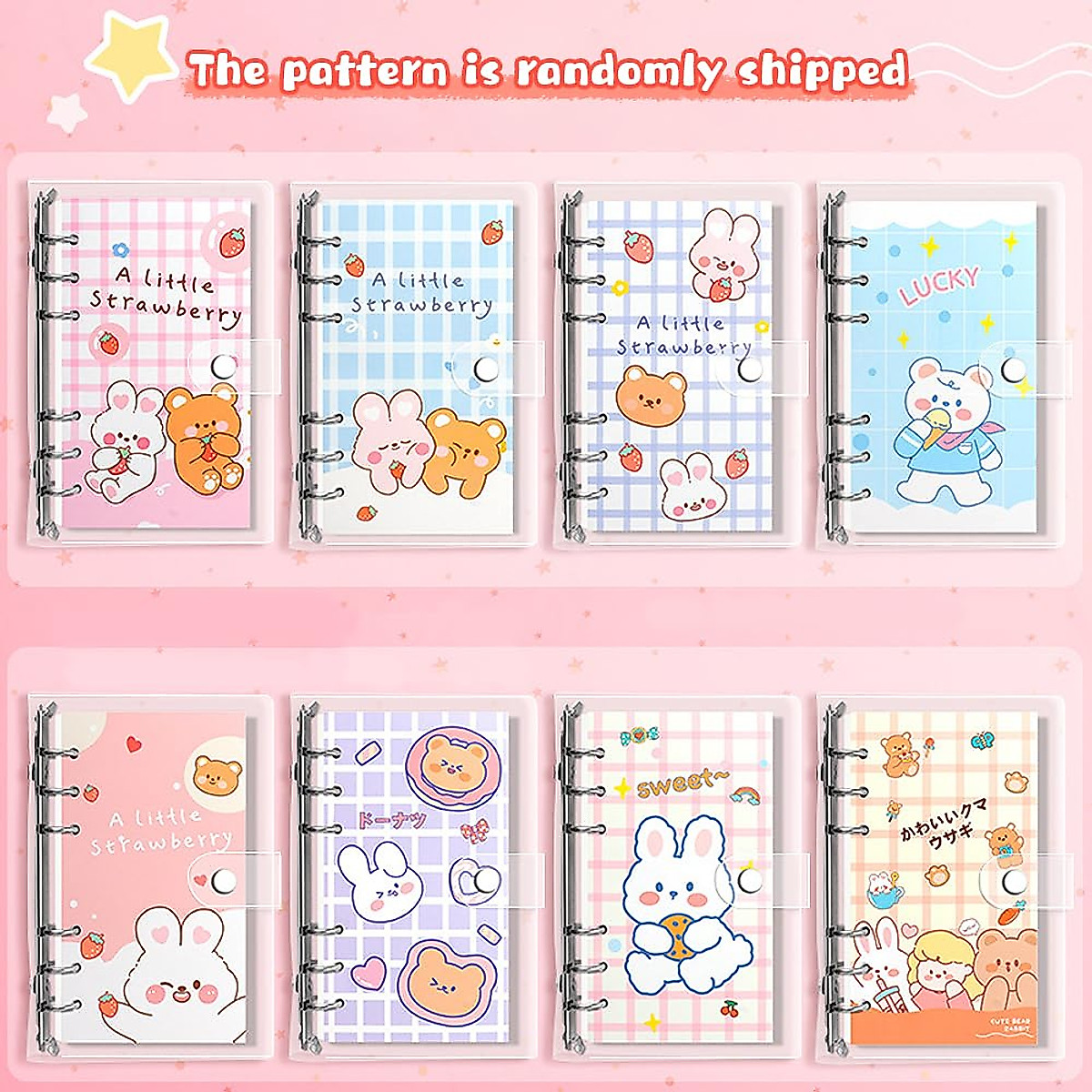 2 Pcs Binder Notebook,Rabbit Bear 6 Round Ring Loose Leaf Binder Small Diary Journal Planning Pocket Notebook with Transparent PVC Cover Pendant Sticker Gift for Kid Office Christmas Easter Birthday