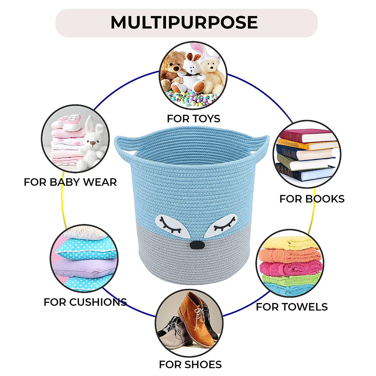 Erumly Cute Cotton Rope Basket, Storage Basket, Baby Laundry Basket, Nursery Organizers and Storage, Baby Hamper, Kids Basket, Toy Bin, Dog Cat Toy Baskets, Baby Gift Basket | 13.7 x 13.7 (Blue)