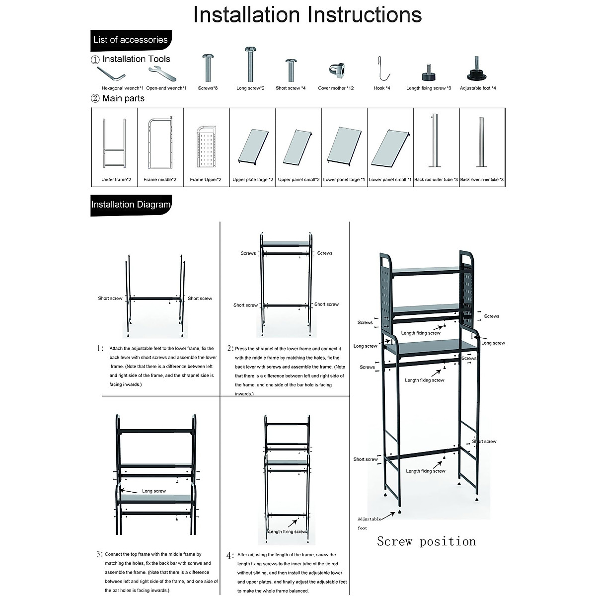BIFCIOFH 3-Tier Expandable Over Toilet Washing Machine and Dryer Storage Rack, Height Adjustable Laundry Room Shelves, Bathroom Organization Space Saver with Pigboard and Hook (Color : White)