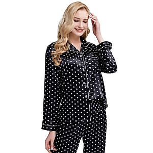 Women's Classic Satin Pajama Set Sleepwear Loungewear (Black and White Polka Dot, Large)