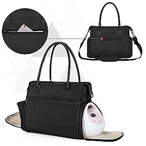 Teamoy Breast Pump Bag, Leather Straps Pump Bag Tote with Laptop Sleeve for Working Moms- Fits Most Brands Breast Pumps and Cooler Bag, Black (PU Handle)