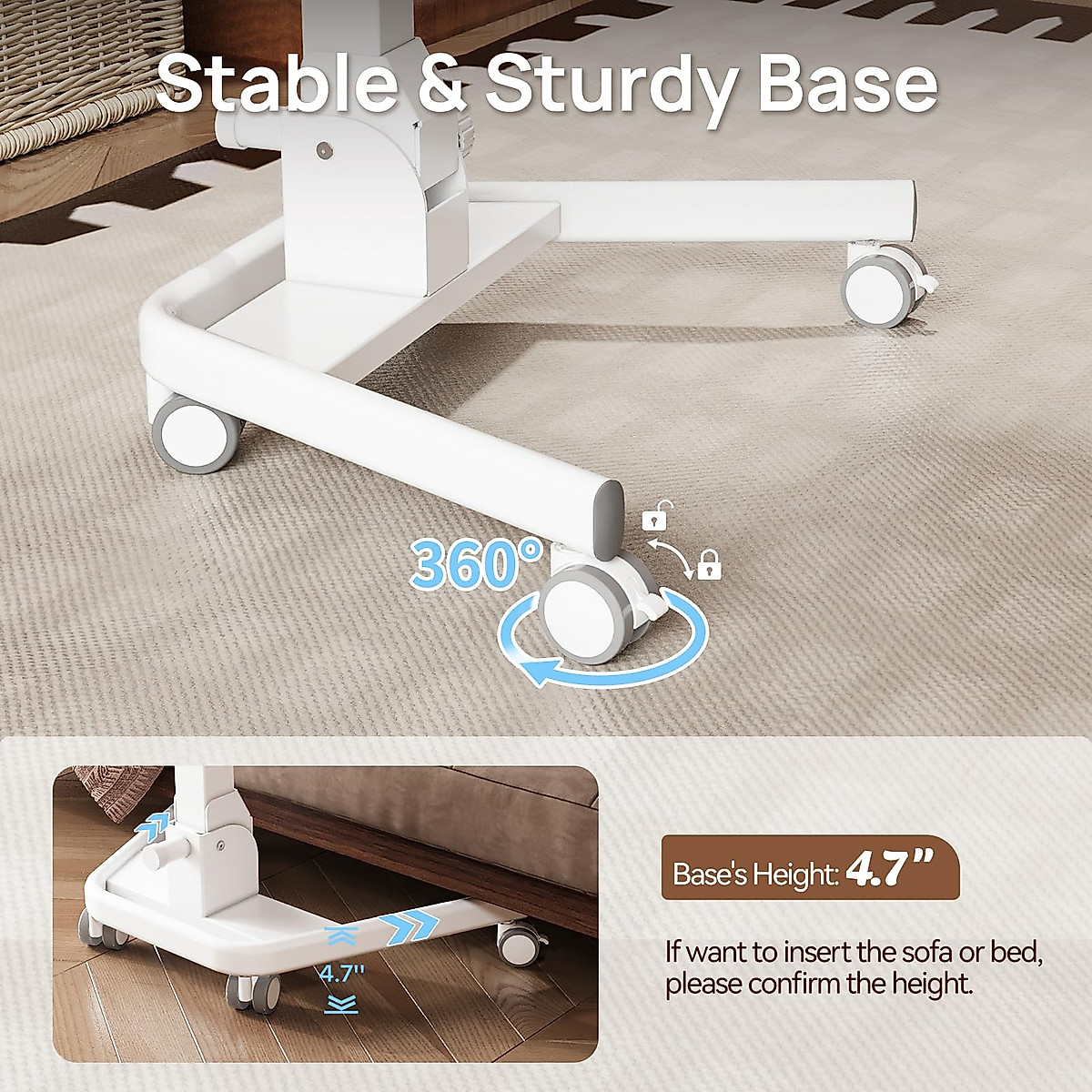 Joy Seeker Foldable Mobile Standing Desk, Pneumatic Height Adjustable and Tilt Rolling Sit Stand Desk, 90° Tiltable Portable Laptop Desk Cart on Wheels White Workstation for Home Office, Easy to Fold