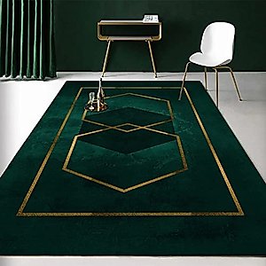 Luxury Emerald Green Gold Geometric Area Rug, Golden Lines on Blue Background Living Room Rugs, Non Slip Machine Washable Easy Care Carpet for Indoor Hallway Dining Room Home Decor - 5.3 ft x 6.6 ft