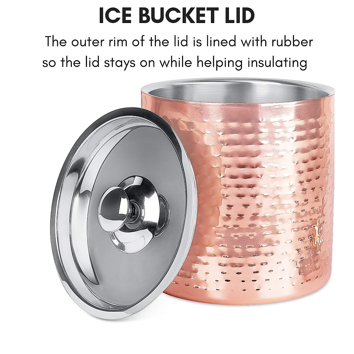BirdRock Home Ice Bucket with Scoop & Lid - 2.8 Liter Hammered 18/8 Stainless Steel Container for Bar - Double Wall Insulated Bucket with Carrying Handle - Great for Parties - (Copper)