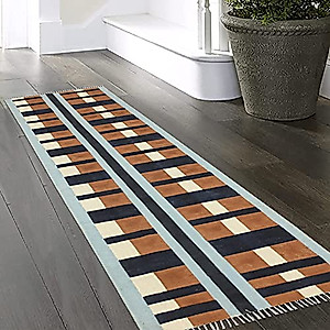 Casavani Indian Handmade Cotton Carpet Geometric Black & Multicolor Area Dhurrie Best Uses For Home/Office 4x8 Feet Rugs for Bedroom,Living Room,Kids Room,Hallway Enterway,Kitchen 8x8 Feet Square