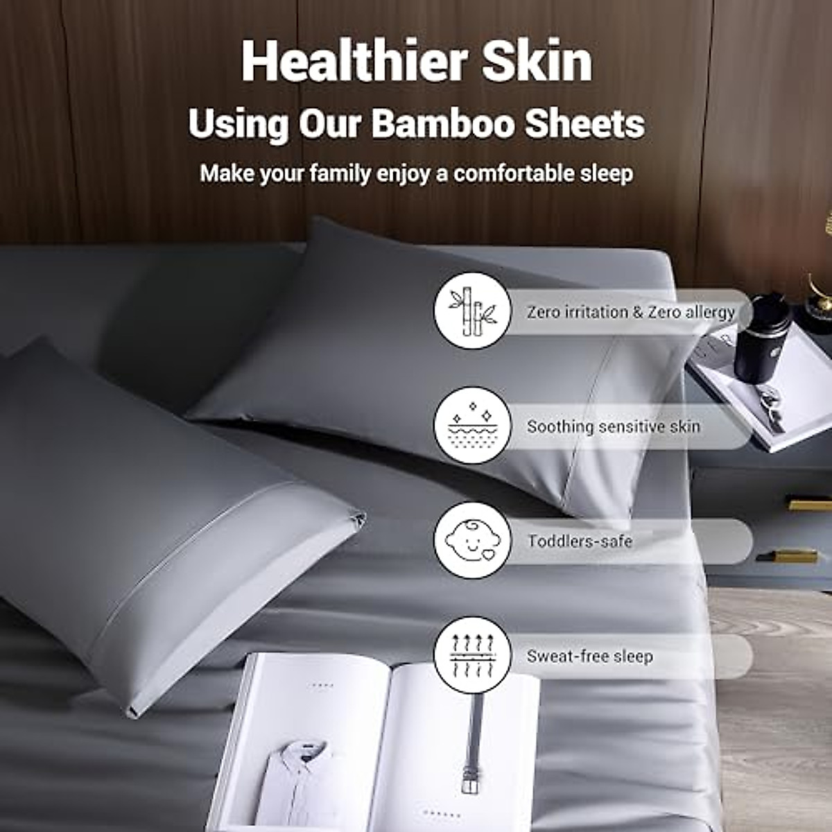Shilucheng 4-Piece Queen Size Sheets Set，Rayon Derived from Bamboo_，Cooling & Breathable Bed Sheets, Silky Bedding Sheets & Pillowcases, 16 Inch Deep Pockets (Queen,Dark Grey)