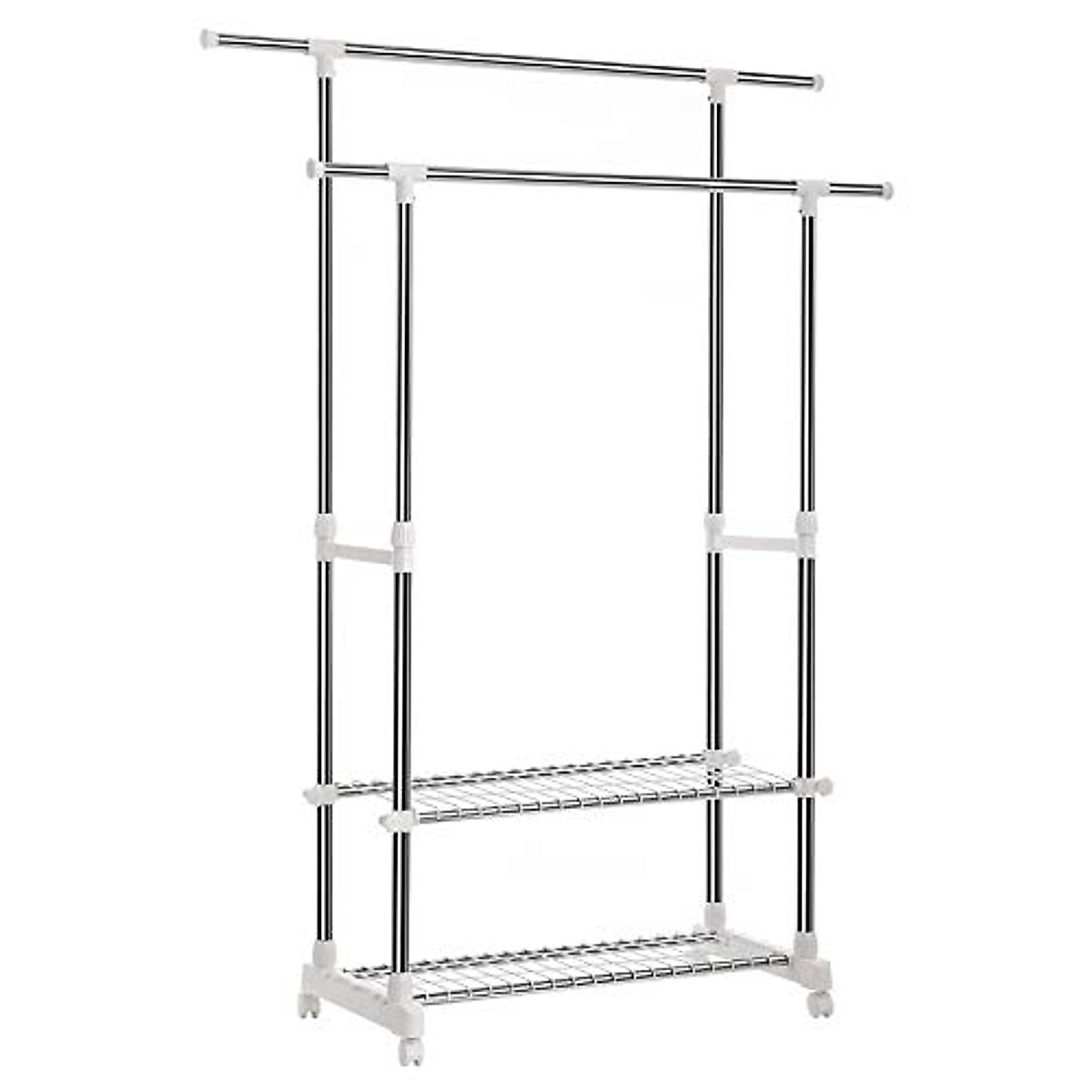 SONGMICS Clothes Rails, Double Hanging Rails with 2-Tier Shelves, Telescopic Extendable Coat Rack with Casters, Stainless Steel Coated Iron Pipes, 154 x 42 x 172 cm by SONGMICS
