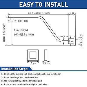 HANEBATH Brass S Shape Shower Arm and Flange, Matte Black Shower Head Extension Arm (Square)