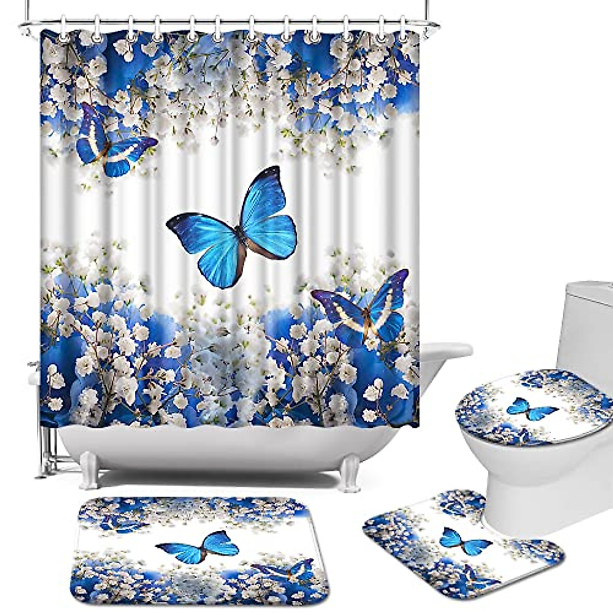 AtGoWac 4 Pieces Flower and Butterfly Shower Curtain Sets with Rugs, Romantic Blue Butterfly Shower Curtain