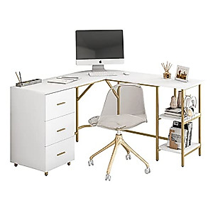 Techni Mobili L Shaped Desk - Two-Toned Computer Desk with Drawers & Storage Shelves - Simple Modern Furniture & Home Office Space Corner Table for Work & Writing