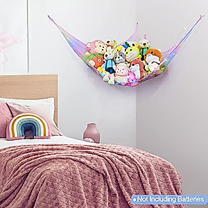 Basumee Stuffed Animals Net or Hammock with LED Light Hanging Toy Net Hammock for Stuffed Animals Storage Stuff Animals Hammocks for Nursery Kids Room with Remote Control, 8 Kinds of Lights, Rainbow
