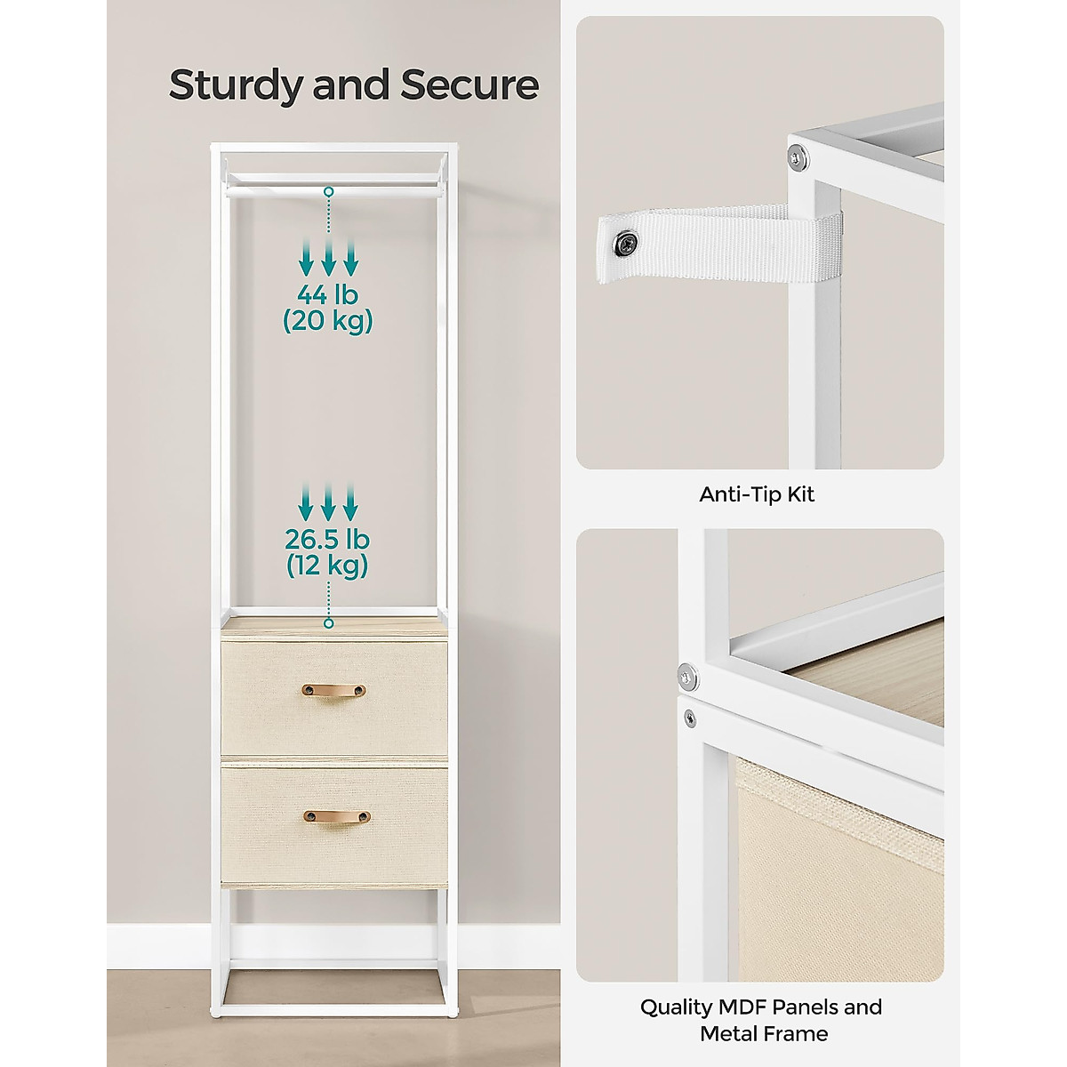 SONGMICS Clothes Rack, 70.9 Inch Wardrobe Freestanding Closet, Heavy Duty Garment Rack with 1 Extendable Hanging Rod, 2 Drawers and 4 Shelves, for Bedroom, Space-Saving, Natural Beige URGR003W67