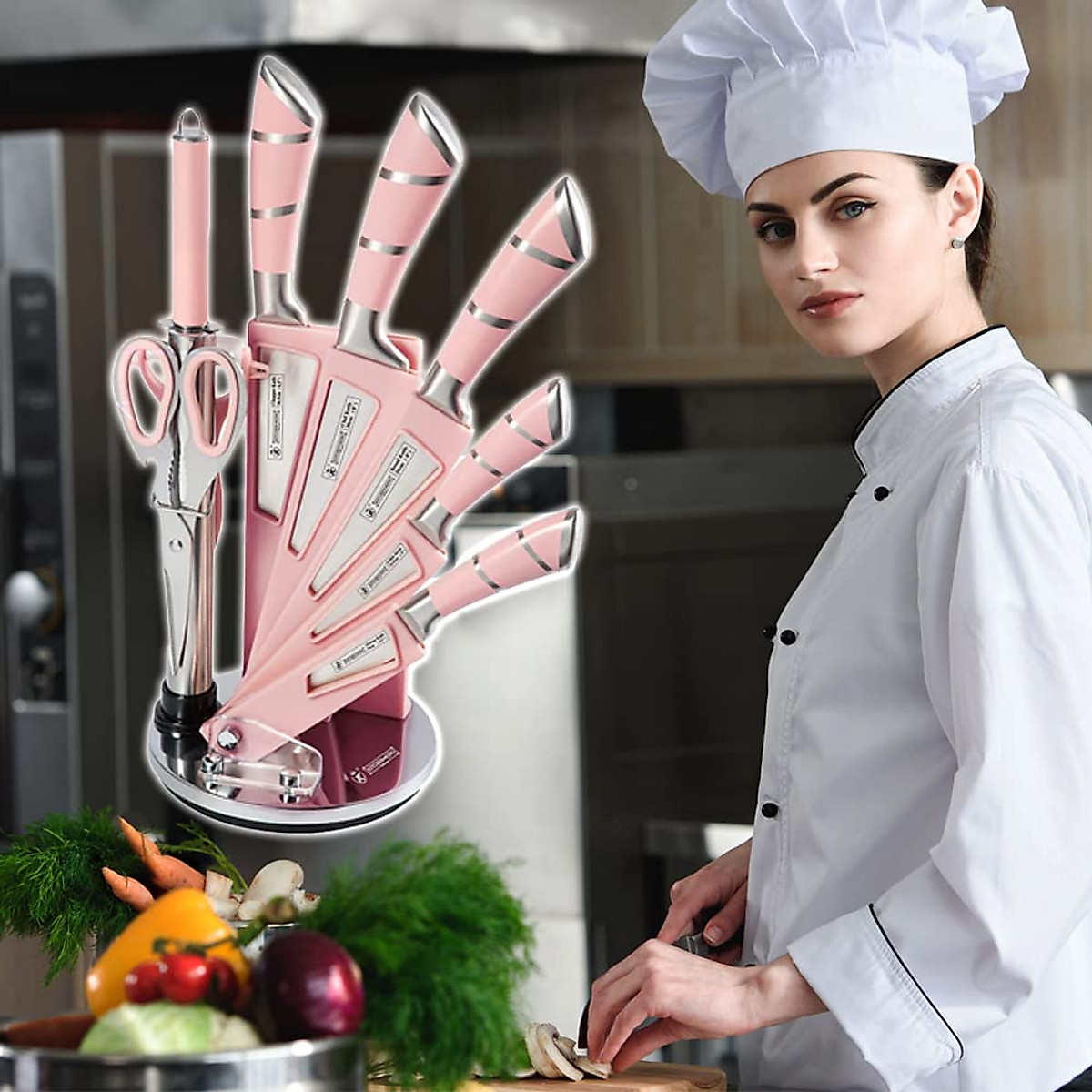 YF-TOW Knife Block Set, Kitchen Knife Set with Stand, 9 PCS Pink Sharp Stainless Steel Knife Set with Chef Knife,Bread Knife,Carving Knife,Scissors and Knife Sharpener (Pink)