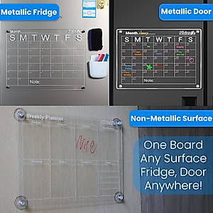 Magnetic Acrylic Calendar for Fridge - 2 pcs Clear Dry Erase Calendar for Weekly & Monthly Planning with 8 Colours Markers, Dry Erase Board with Magnetic Holder and Eraser (16"x12")