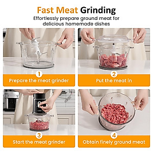 Sunvivi Electric Food Chopper, 4 in 1 Small Food Processor for Grinding Meat, Peeling Garlic & Juicing, 2 Speed Blender and Food Grinder Combo with 1.5L Glass Bowl & 2 Cups (0.4L+0.2L), Black