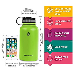 Swig Savvy Vacuum Insulated Stainless Steel Water Bottle with Straw, Double Wall Wide Mouth Sports Bottle with Storage Sleeve, Keeps Liquids Cold for 24 Hours, Hot for 12, 32 Ounces, Green