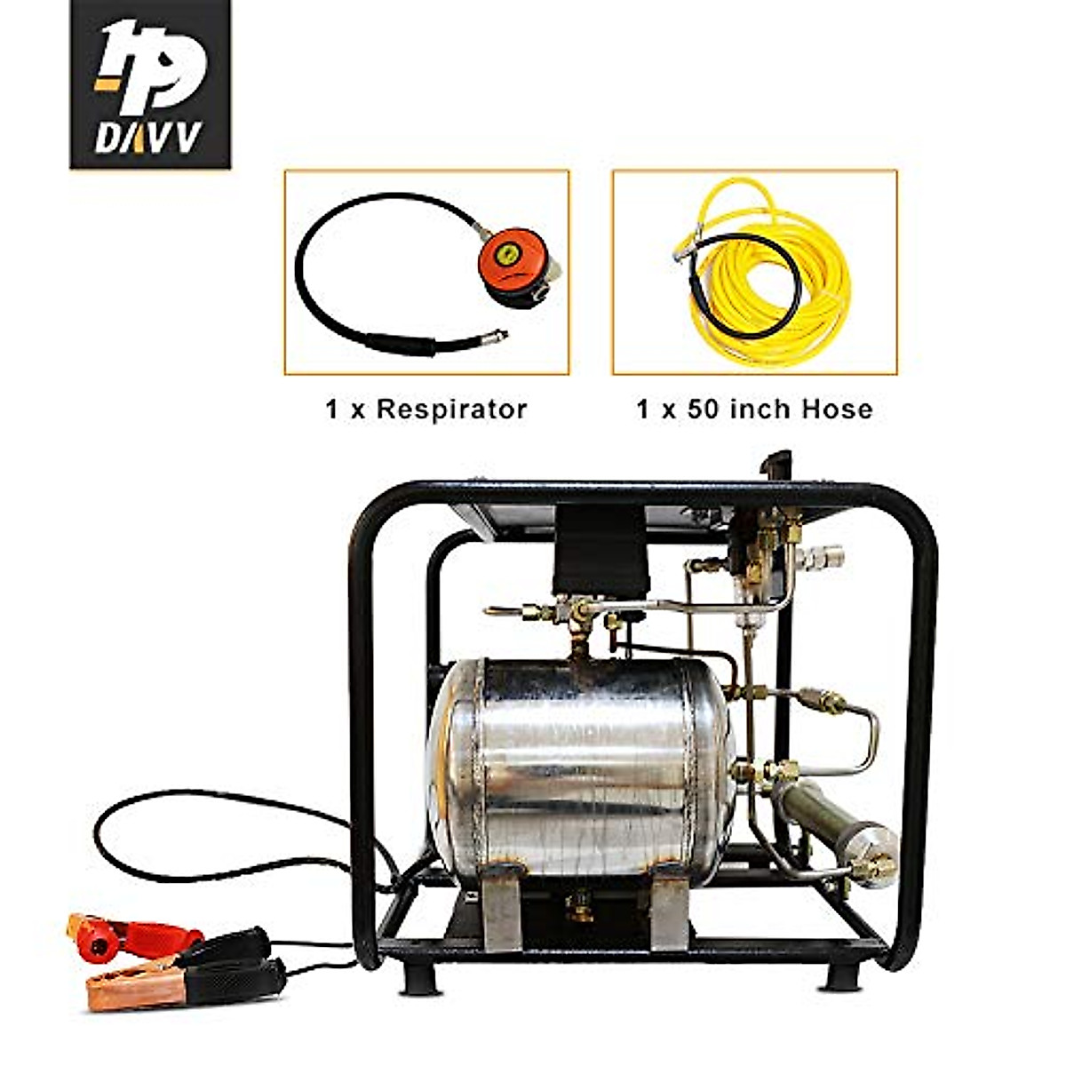 HPDAVV 12V 550W Air Compressor for Snorkeling Hookah Diving Compressor 8bar / 115psi with 50ft Hose & Respirator,Two Air Outlets,US After-Sales Service,Operational Video (A:Black)