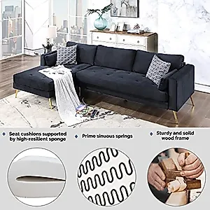 P PURLOVE Sectional Sofa Couch, L-Shape Upholstered Couch with Two Pillows for Living Room Home Furniture, Black