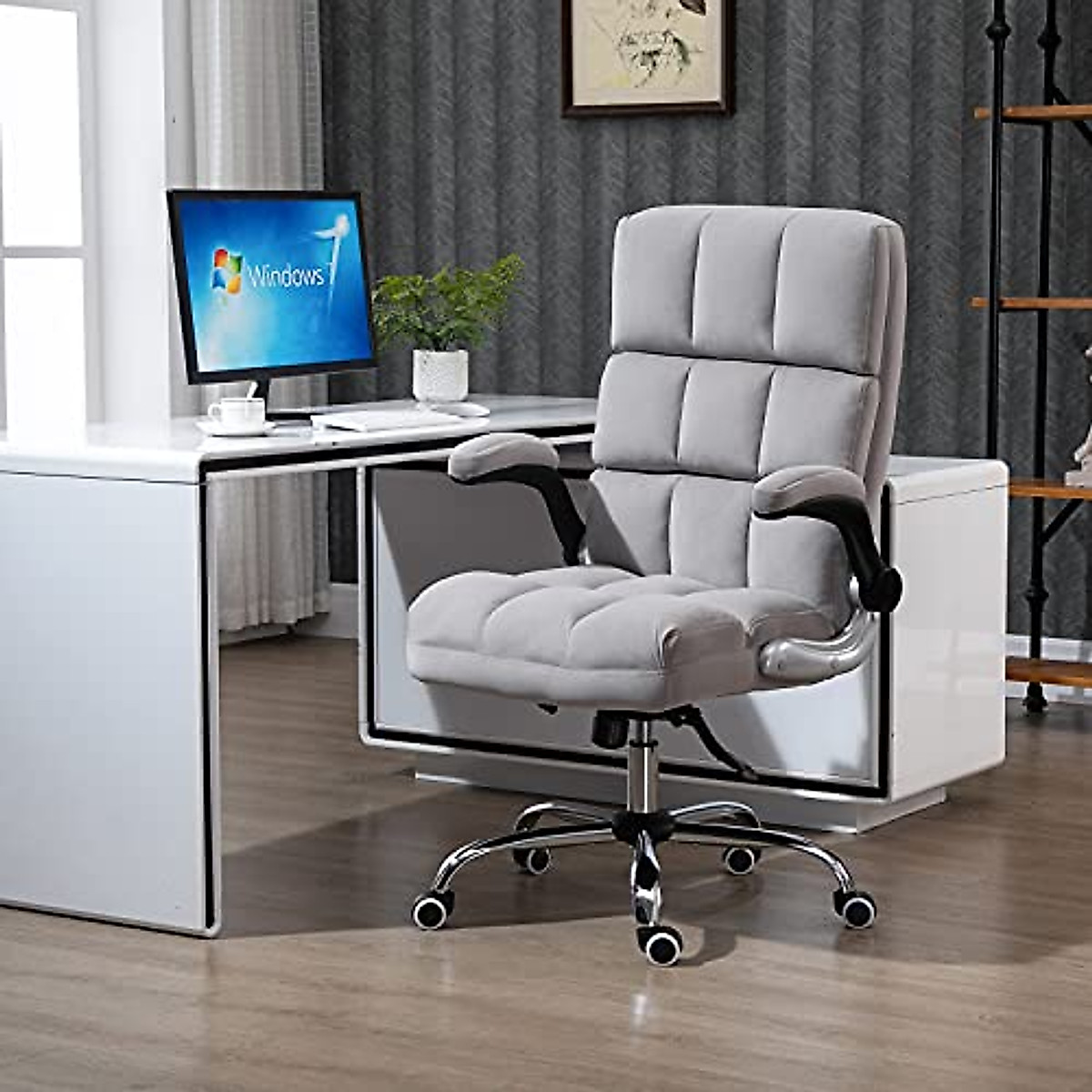 AVAWING Velvet Office Chair w/Wheels, Executive Computer Desk Chair w/Adjustable Tilt Angle and Flip-up Arms, High-Back Ergonomic Padding Chair, Grey