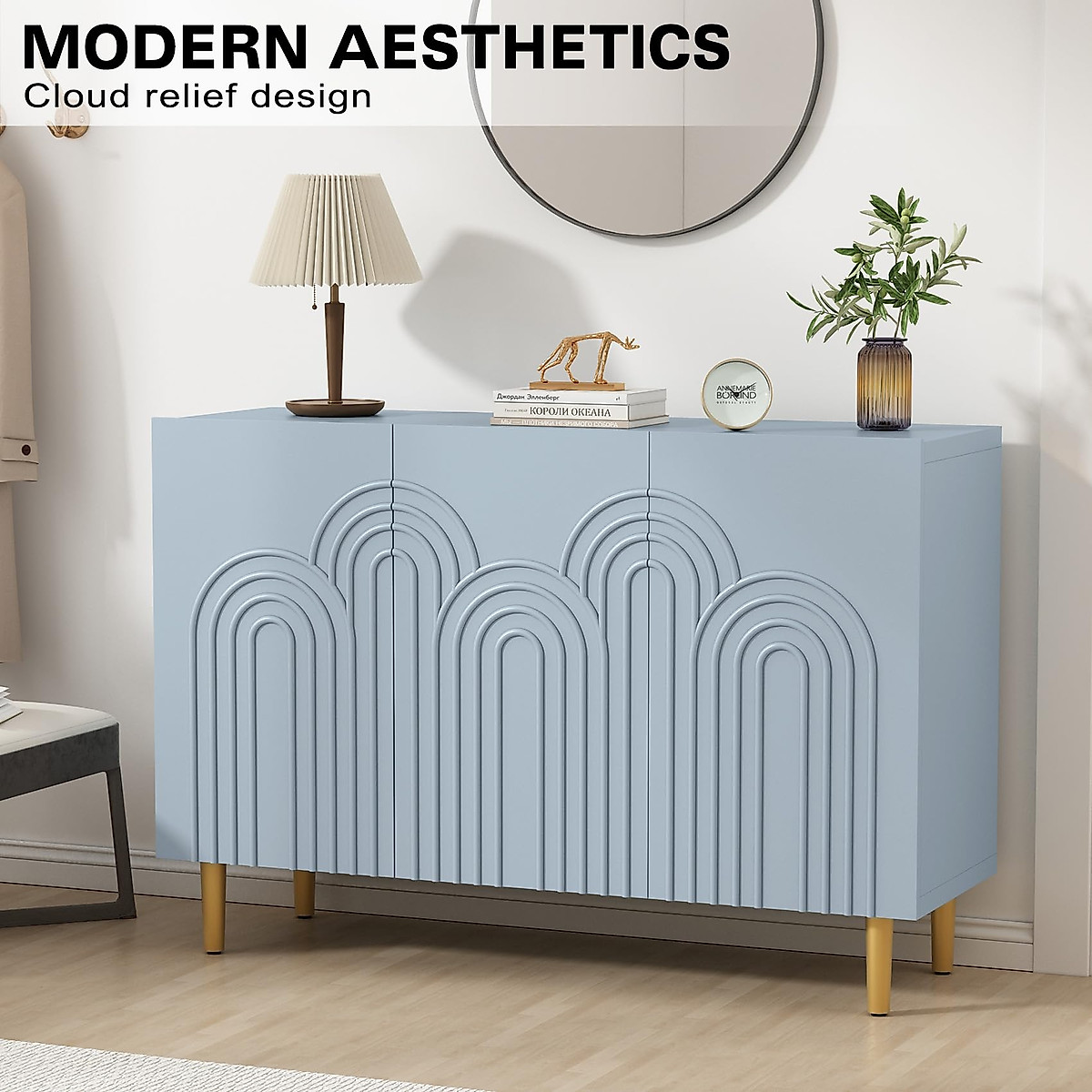 HLR Buffet Cabinet with Storage and 3 Doors, 47" Modern Wood Accent Storage Cabinet with Relief Patterned Doors, Sideboard Cabinet Credenzas for Living Room, Dining Room, Kitchen, Entryway, Blue