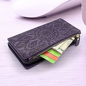 Harryshell Detachable Magnetic Zipper Wallet Leather Case Cash Pocket with Multi Card Slots Holder Wrist Strap for iPhone 8 Plus/iPhone 7 Plus / 6S Plus 5.5 Inch Floral Flower (Deep Purple)