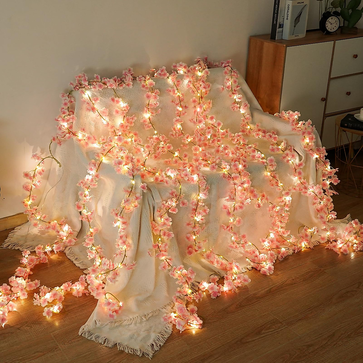 Cherry Blossom String Lights Artificial Flowers Outdoor Hanging Silk Flowers Garland for Wedding Party Home Bedroom Decor Pink Room Decor Aesthetic