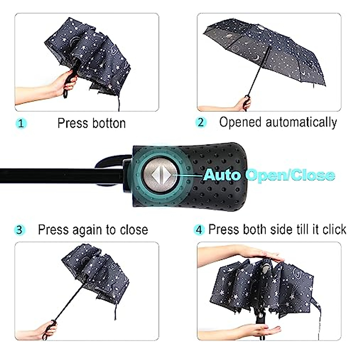 LFLFWY Compact Windproof Travel Umbrella- Large Light Automatic Open&Close Umbrellas for Rain,Triple Canopy Vented Portable Umbrellas for Men Women ,Strong Wind Resistant Folding Umbrella 10 Ribs (Starry Sky)