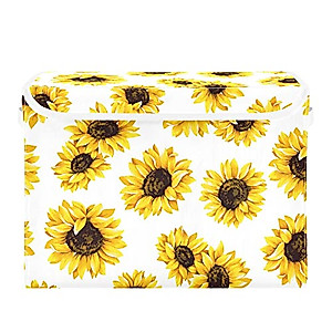 stargrass Foldable Storage Bin Fabric Decorative Storage Box with Lid and Handles,Flower Sunflower Yellow Collapsible Storage Basket 11.8x12.6x16.5 Inch
