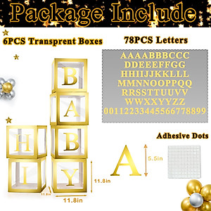 Baby Boxes with Letters, 6 Transparent Balloon Boxes with 78 Letters & Numbers, Clear Name Boxes for Baby Shower Birthday Bridal Wedding Gender Reveal Party Decorations Backdrop, Gold