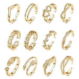 TOBENY 12PCS 14K Gold Plated Adjustable Toe Rings for Women Flower Arrow Band Open Tail Ring Women Beach Foot Jewelry Set