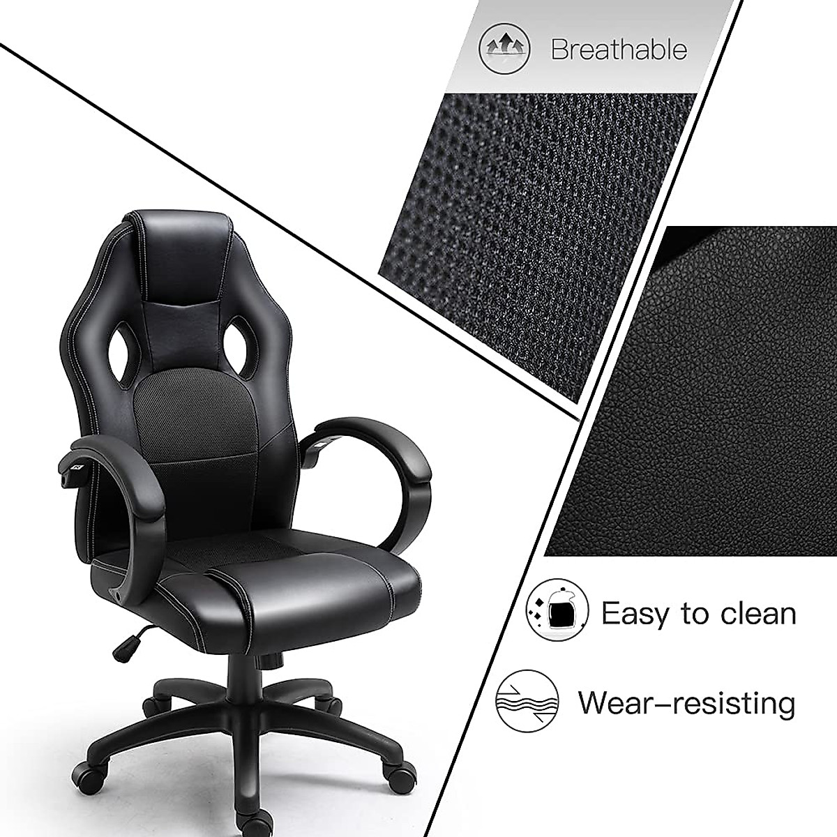 Polar Aurora Office Chair PU Leather Racing Style Computer Gaming Chairs Adjustable Swivel Desk Chair Black