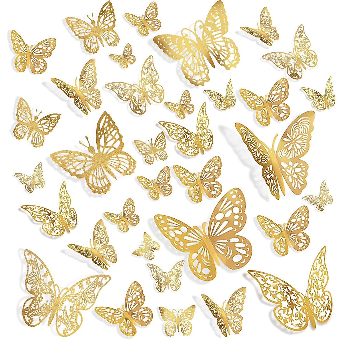 144 Pcs Gold Butterfly Wall Decor, Butterfly Cake Toppers 3D Butterfly Stickers 6 Styles and 3 Sizes, Removable Mural Stickers Decorative Butterflies Metallic Butterfly Decorations for Walls