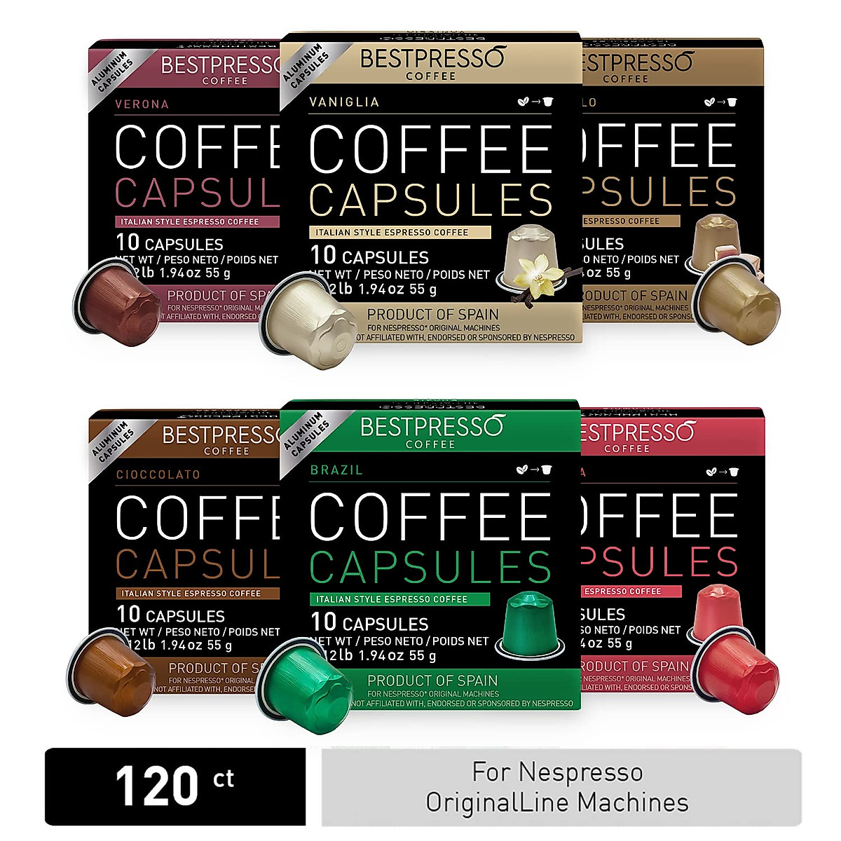 Bestpresso Coffee for Nespresso Original Machine 120 Aluminum pods Certified Genuine Espresso Variety Pack mix Flavored and Dark roast, Pods Compatible with Nespresso Original
