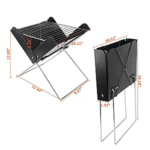 YSSOA 12” Portable Grill Charcoal Barbecue Grill - Folding Grill Notebook Shape Charcoal Grill, Detachable Collapsible, Mini Tabletop Camping Grill BBQ, Black