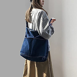 AIEOE Denim Hobo Bags for Women Handbags School Vintage Messenger Bag Jean Backpack Aesthetic Crossbody Tote Navy Blue