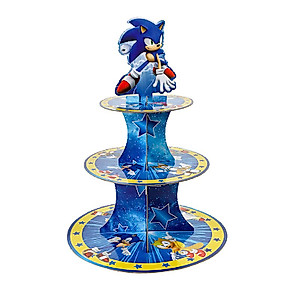 Hedgehog Themed Cupcake Stand 3 Tier, Blue Hedgehog Cake Stand for Boy Kids Birthday Party, Baby Shower, Gender Reveal Party, The Hedgehog Themed Boys Party Supplies