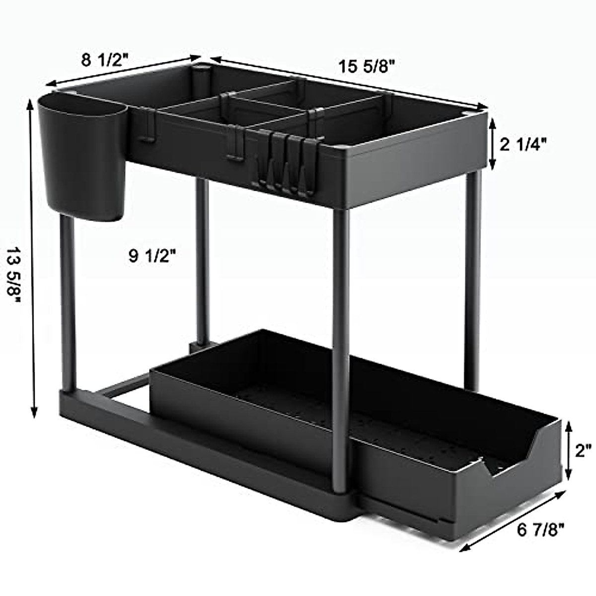 Fixwal 2 Pcs Under Sink Organizer and Storage, 2-Tier Bathroom Organizer, Kitchen Organization, Cabinet Organizer, Make Up Organizers and Storage with Hooks, Hanging Cup and Dividers