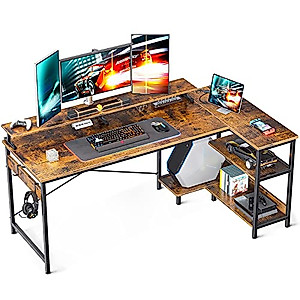 ODK Small L Shaped Desk, 66 inch Corner Desk with Reversible Storage Shelves, Computer Desk with Monitor Shelf and PC Stand for Home Office, Gaming Desk with Headphone Hooks, Rustic Brown