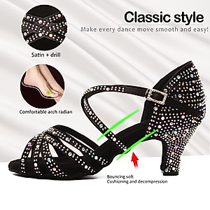 SWDZM Women's Rhinestone Dance Shoes Ballroom Latin Salsa Performance Practice Dancing Shoes,L377,Black,Heel 2 1/3'',US 8