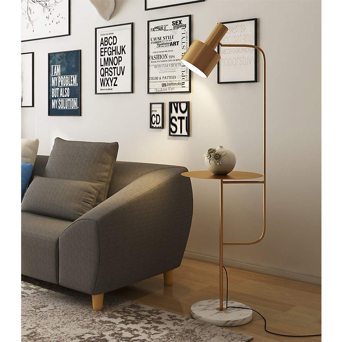 Hsyile Lighting KU300217 Contemporary Modern Creative Floor Lamp with a Table,Suitable for Living Room,Den,Office,Bedroom - E26 Bulb - Brushed Brass Finish