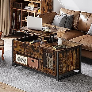YITAHOME Lift Top Coffee Table, Coffee Table for Living Room,Wood Coffee Table with Storage,Hidden Compartment and Double Metal Mesh Door Cabinet,Rustic Brown