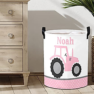 Personalized Laundry Basket Hamper,Farm Tractor Truck Pink Dots,Collapsible Storage Baskets with Handles for Kids Room,Clothes, Nursery Decor