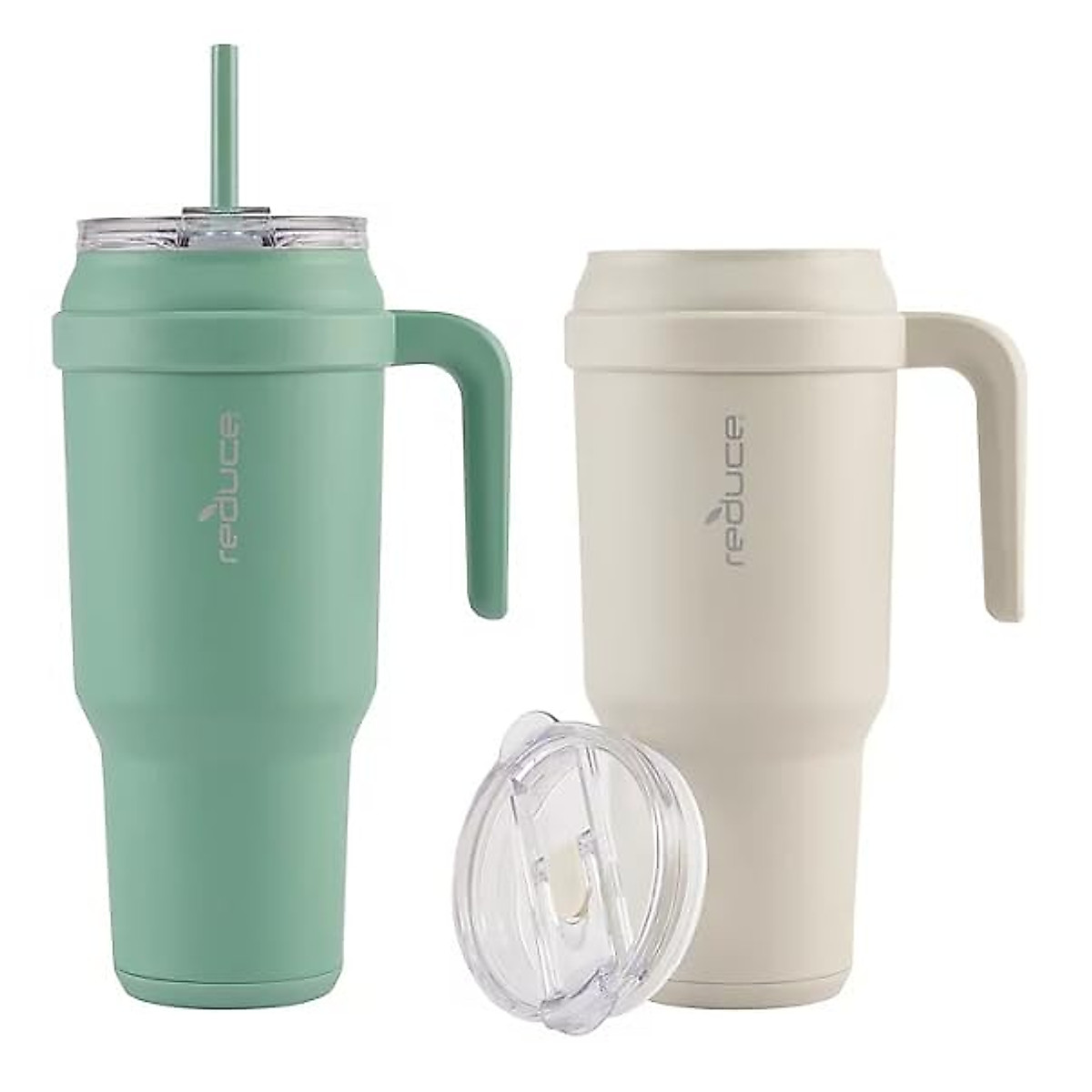 REDUCE 50 oz Mug Tumbler with Handle & Straw - Stainless Steel with Sip-It-Your-Way Lid - Keeps Water Cold up to 50 Hours - SweatProof, Dishwasher Safe, BPA Free - 2 Pack, Green / Beige