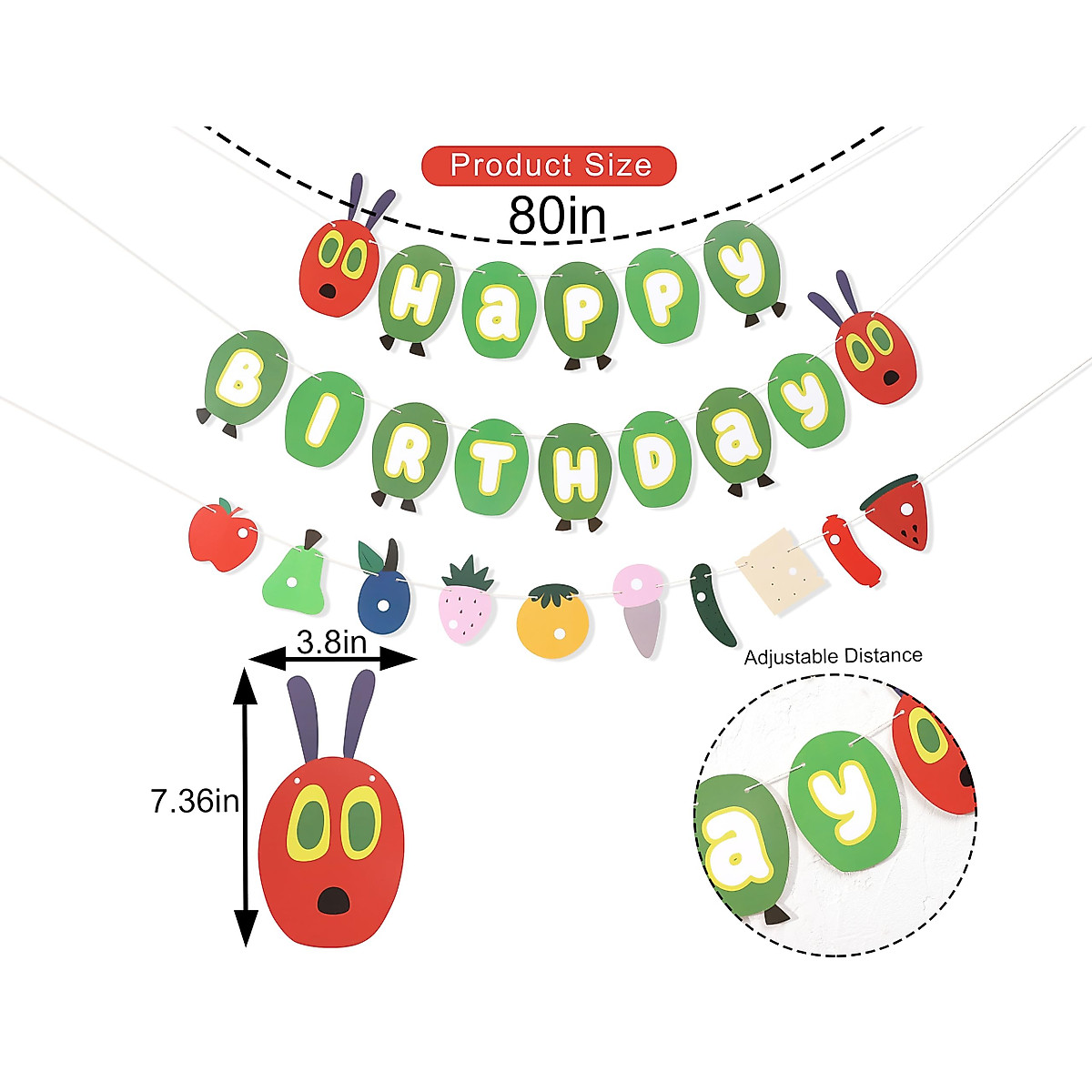 Hungry Caterpillar Happy Birthday Banner - Caterpillar Themed Birthday Party Decorations,Hungry Caterpillar Birthday Fruit Garland,Caterpillar Cake Smash Party Decor,First Birthday Photo Props