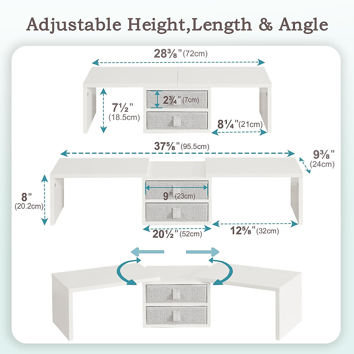 TEAMIX Dual Monitor Stand Riser with 2 Drawers - Length and Angle Adjustable White Monitor Stand with Storage Large Computer Riser for 2 Monitors/Laptop/PC, Wood Screen/TV Stand Desk Organizer