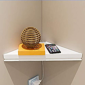 evron Wall Mount Corner Shelf,Easy to Install Metal Front Floating Corner Shelf with Self-Adhesive Tapes,Wood Imitation Corner Shelves with Wire Pass Hole Pattern (White)