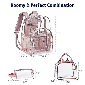 F-color Clear Backpack - Large Clear Backpack Heavy Duty with Lunch Bag and Pen Bag for Adults, Women, Stadium, Travel, Transparent Backpack, Pink (for age 12 or above)