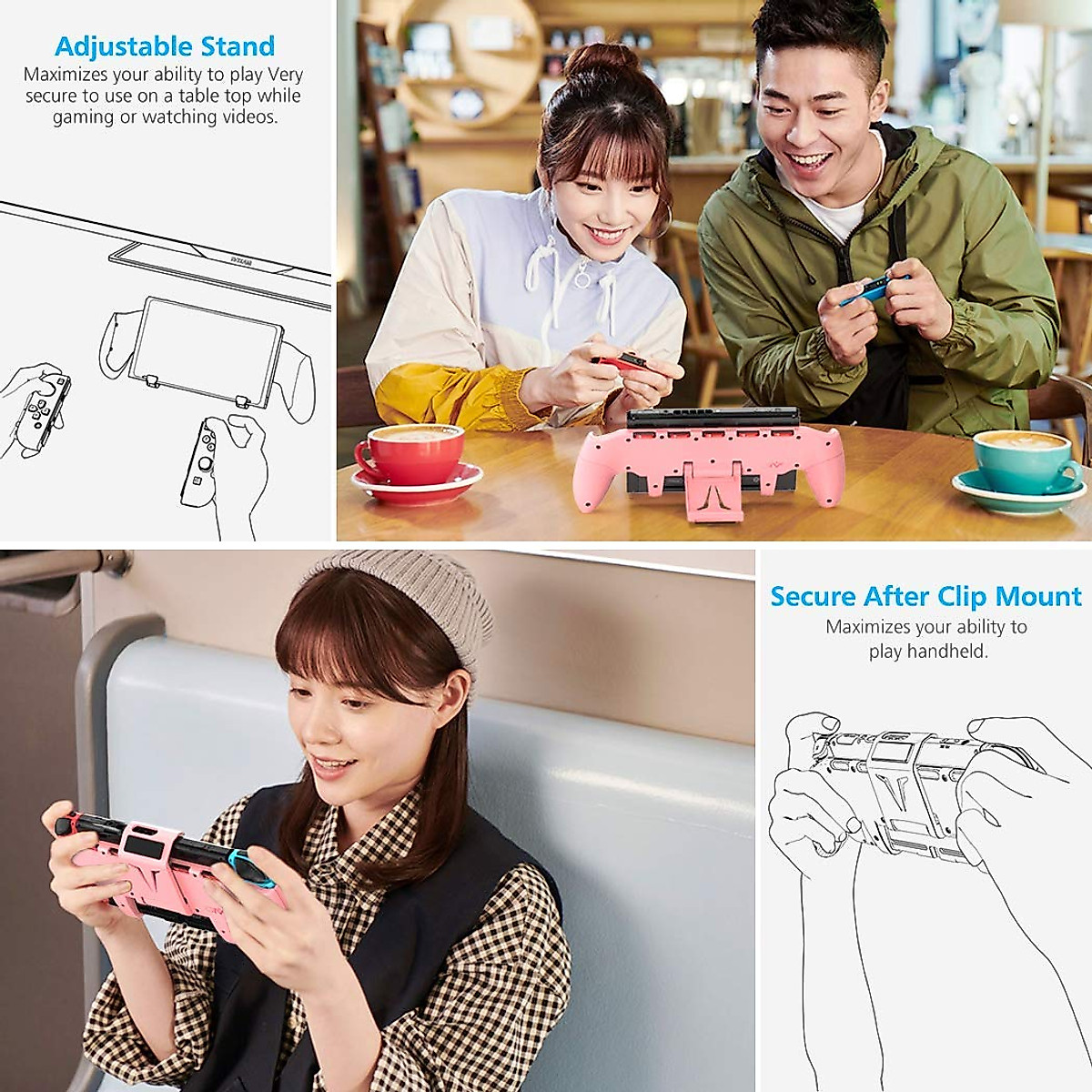 Switch Pink Grip Compatible with Nintendo Switch, OIVO Ergononmic Hand Grip, Upgraded with Adjustable Stand for Nintendo Switch- Pink